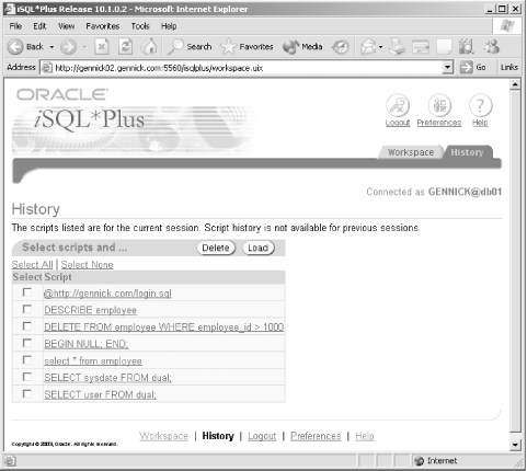 3.6. iSQL*Plus Command History - Oracle SQL*Plus: The Definitive Guide ...